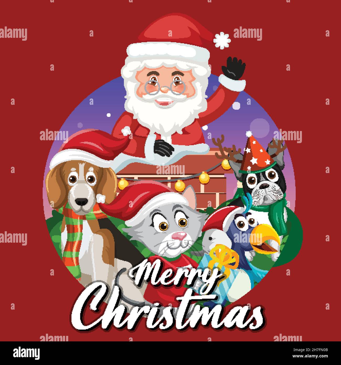 Merry Christmas banner with Santa Claus and animals illustration Stock ...