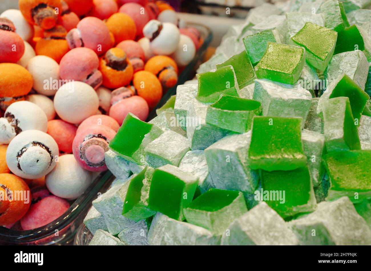 Close up traditional turkish rahat lokum sweets candy in shop Stock ...