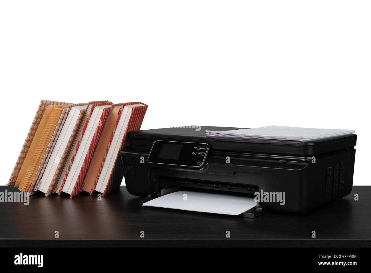 Working table with printer and stacked books on white abckground Stock ...