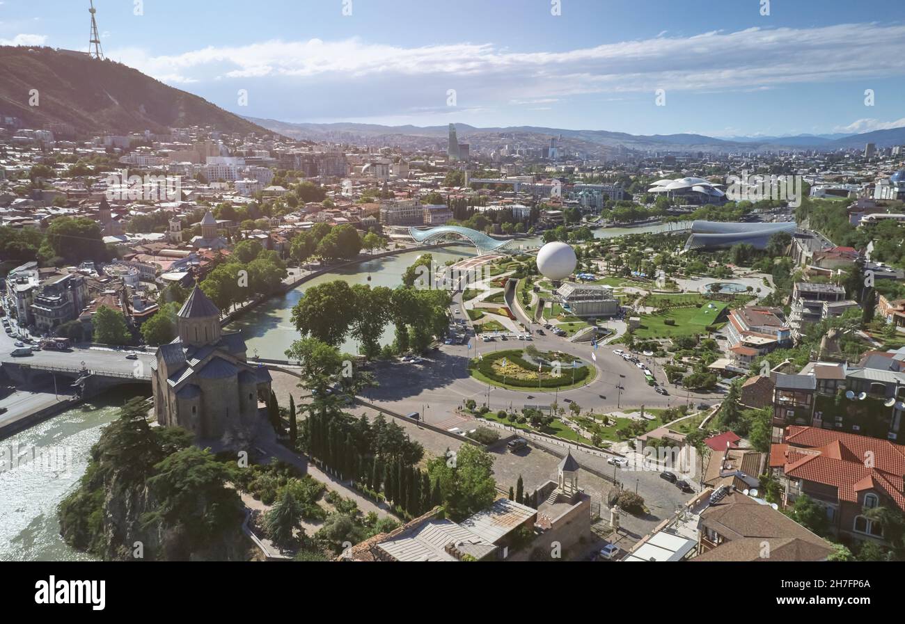 Cityscape of Tbilisi town aerial view with main sightseeing on ...