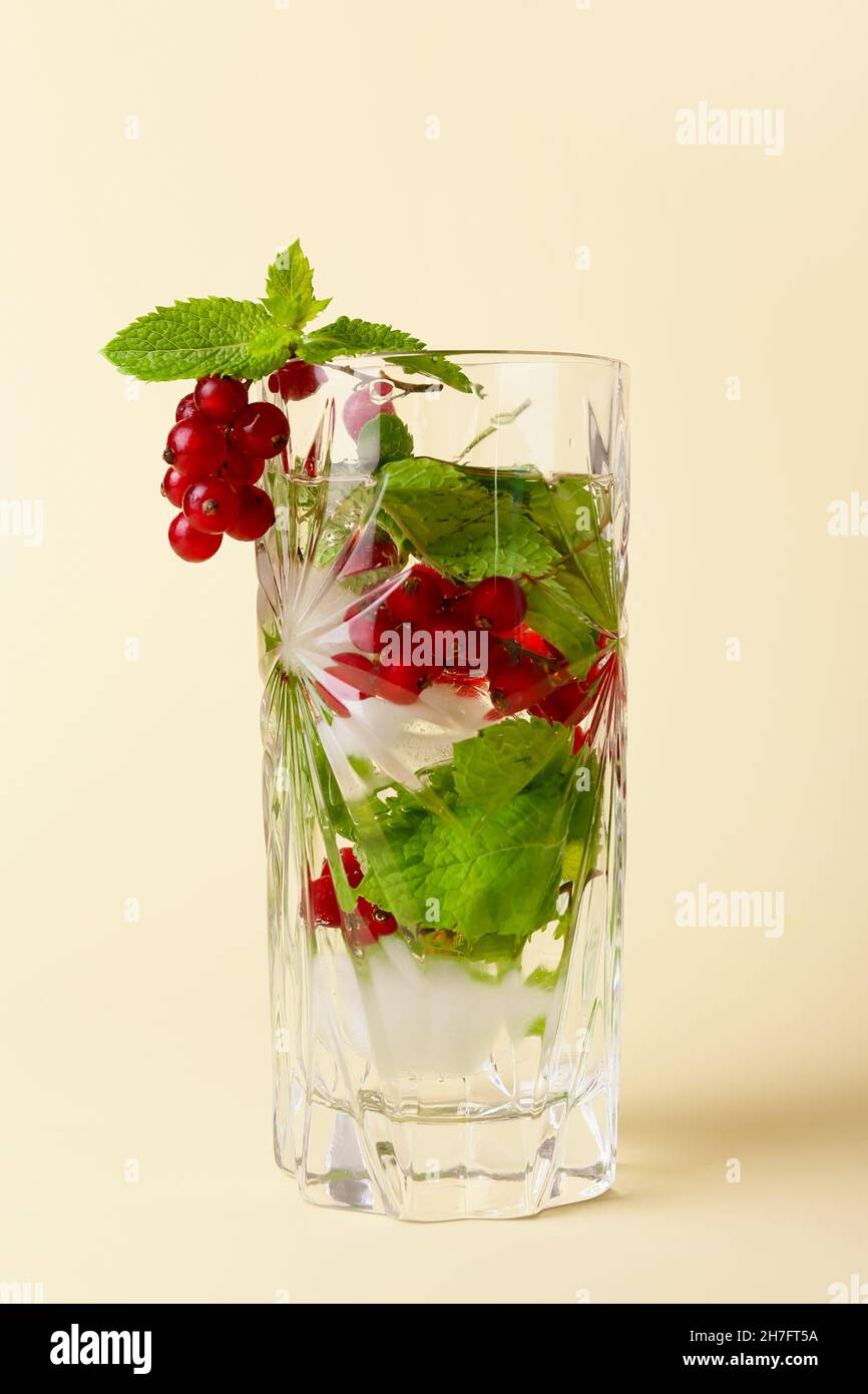 Glass of water with mint and red currant on color background Stock ...
