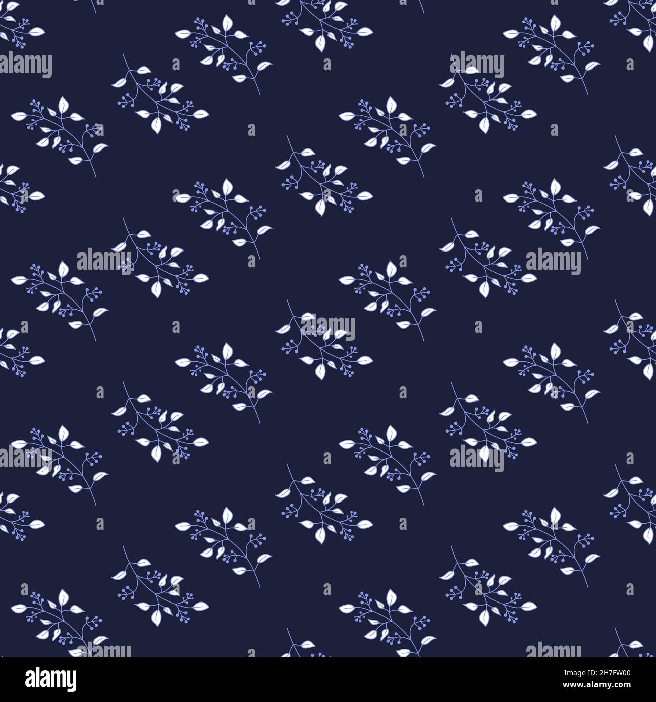 Seamless pattern with a white sprig with a leaf and berries on a dark ...
