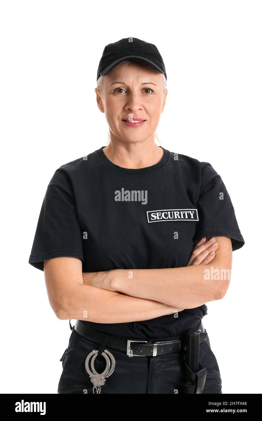 Female security guard isolated on white Stock Photo - Alamy