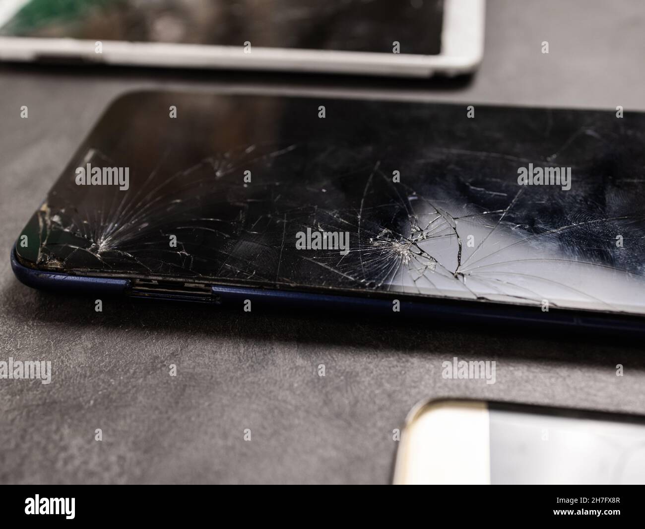 Broken mobile phone screen, black, white, clipping path. Smartphone ...