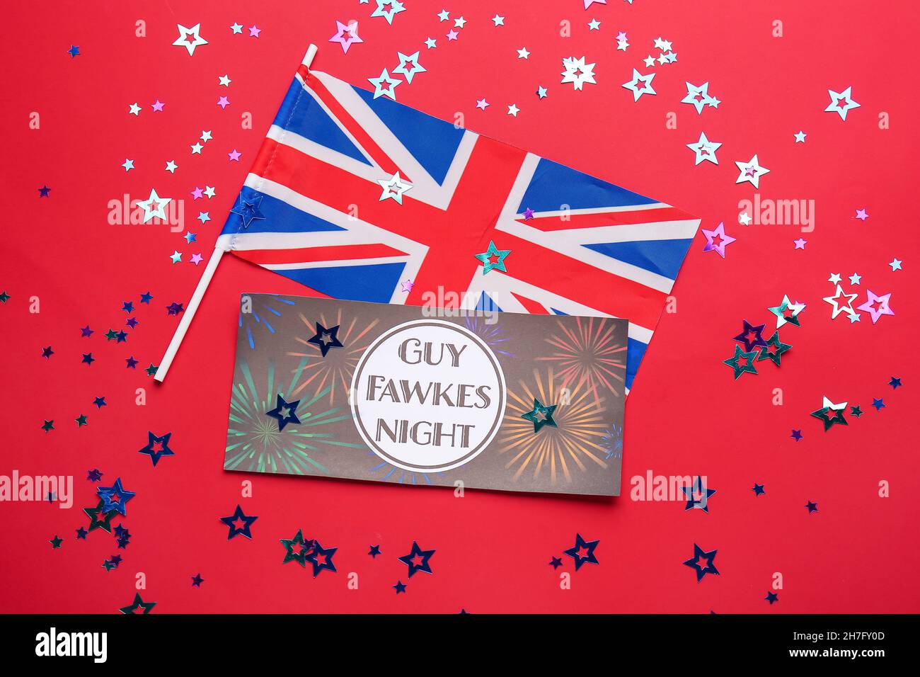 Greeting card for Guy Fawkes night, flag of Great Britain and confetti ...