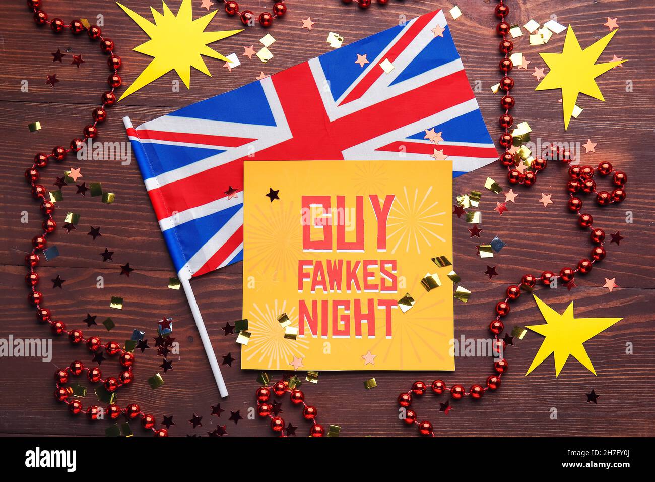 Greeting card for Guy Fawkes night, flag of Great Britain, beads and ...