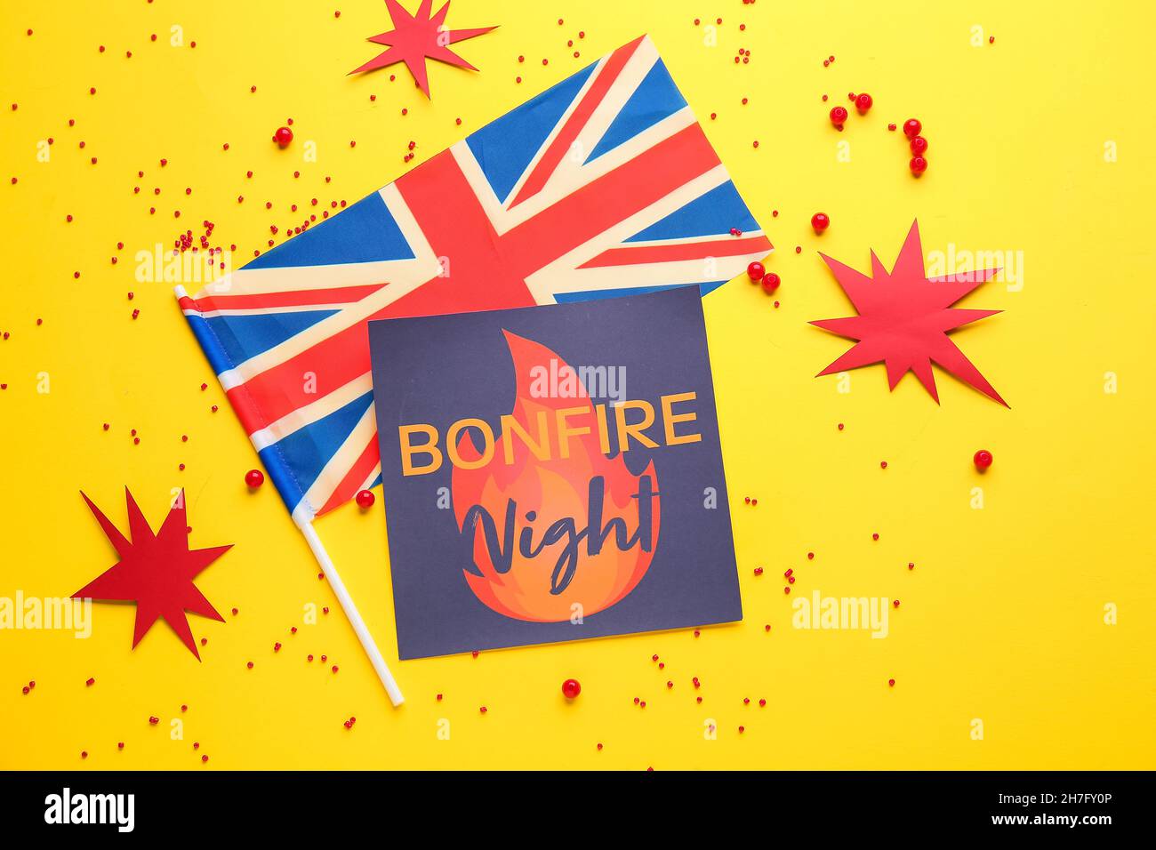 Greeting card with text BONFIRE NIGHT, flag of Great Britain and ...