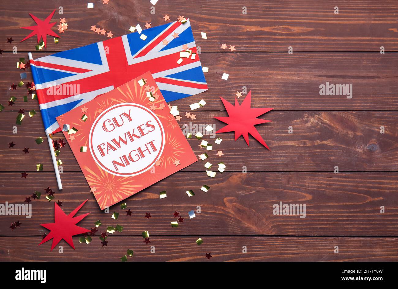 Greeting card for Guy Fawkes night, flag of Great Britain and confetti ...