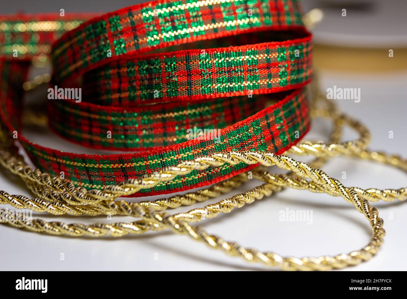 Macro abstract texture background of red and green Christmas plaid ...
