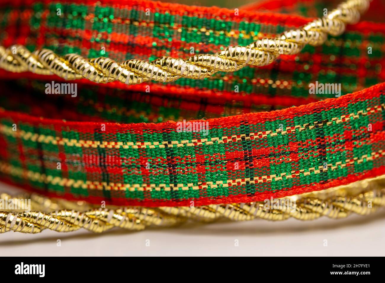Macro abstract texture background of red and green Christmas plaid ...
