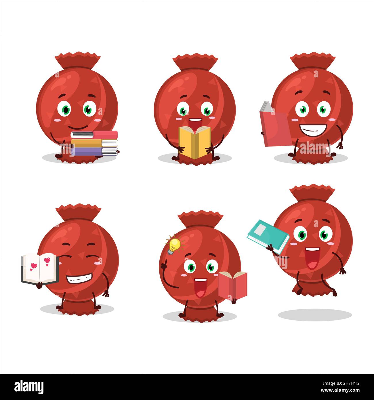 A picture of red candy wrap cartoon character concept reading an ...