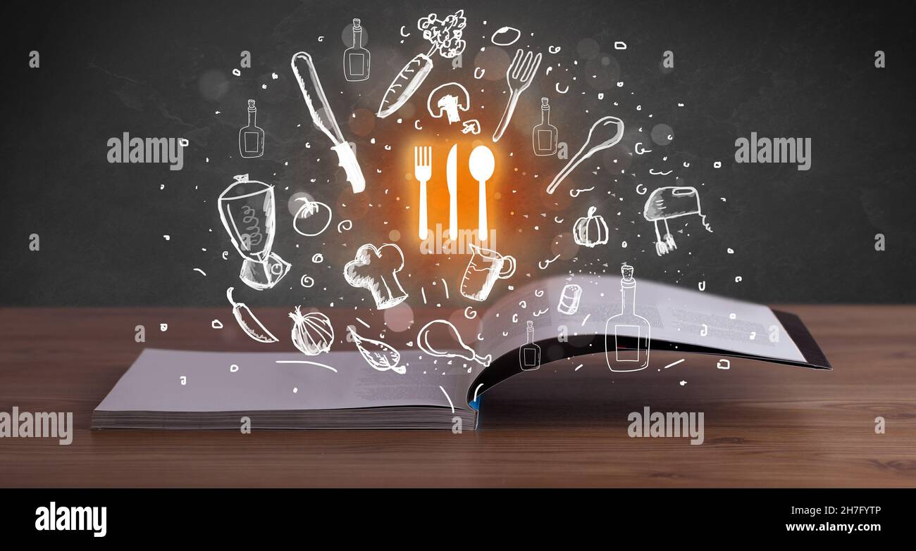 Open recipe book with food related icons above Stock Photo - Alamy