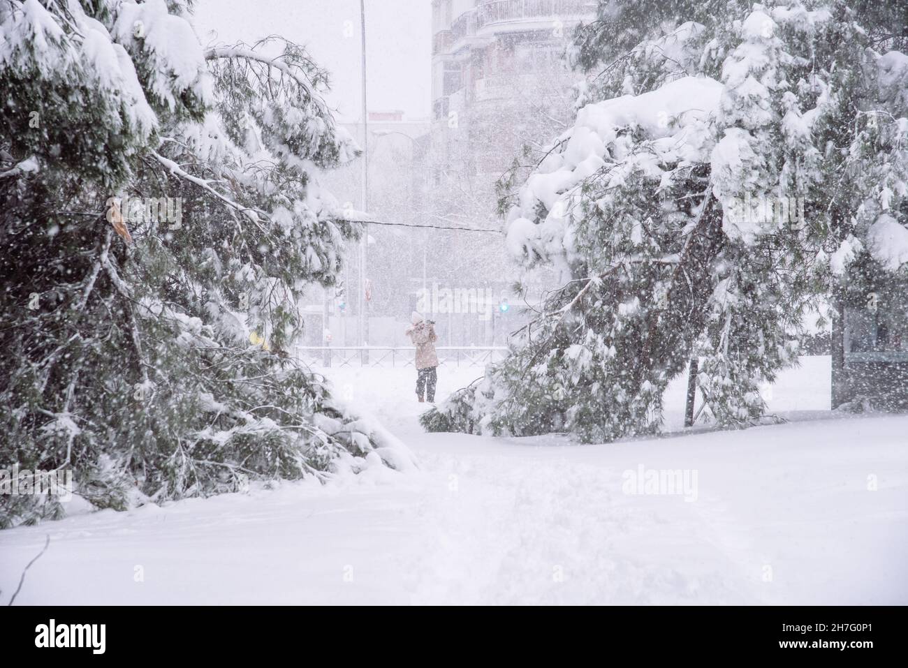 View of a city street covered in snow during heavy snowfall with fallen ...