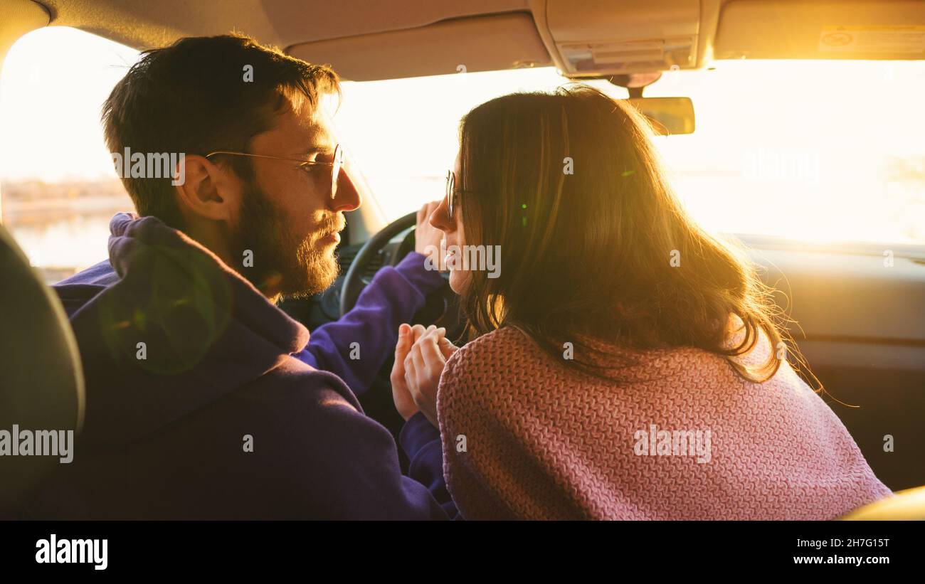 Romantic Couple Enjoying Road Trip In Car. Family Together Traveling by ...