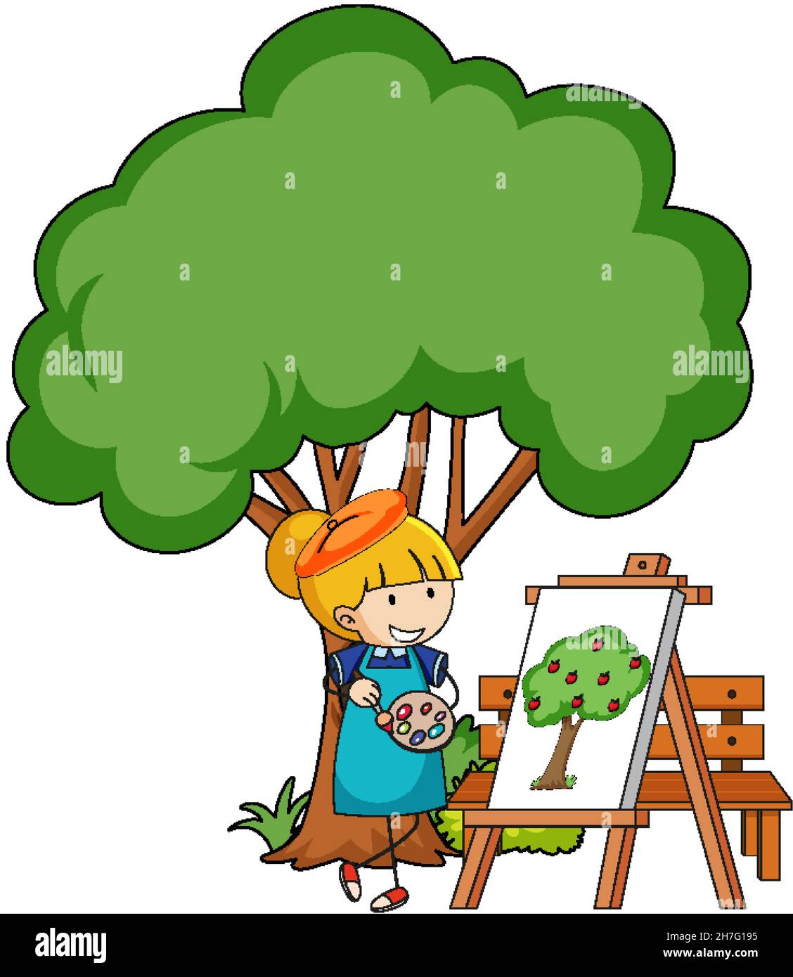 Little artist drawing a tree picture isolated on white background ...