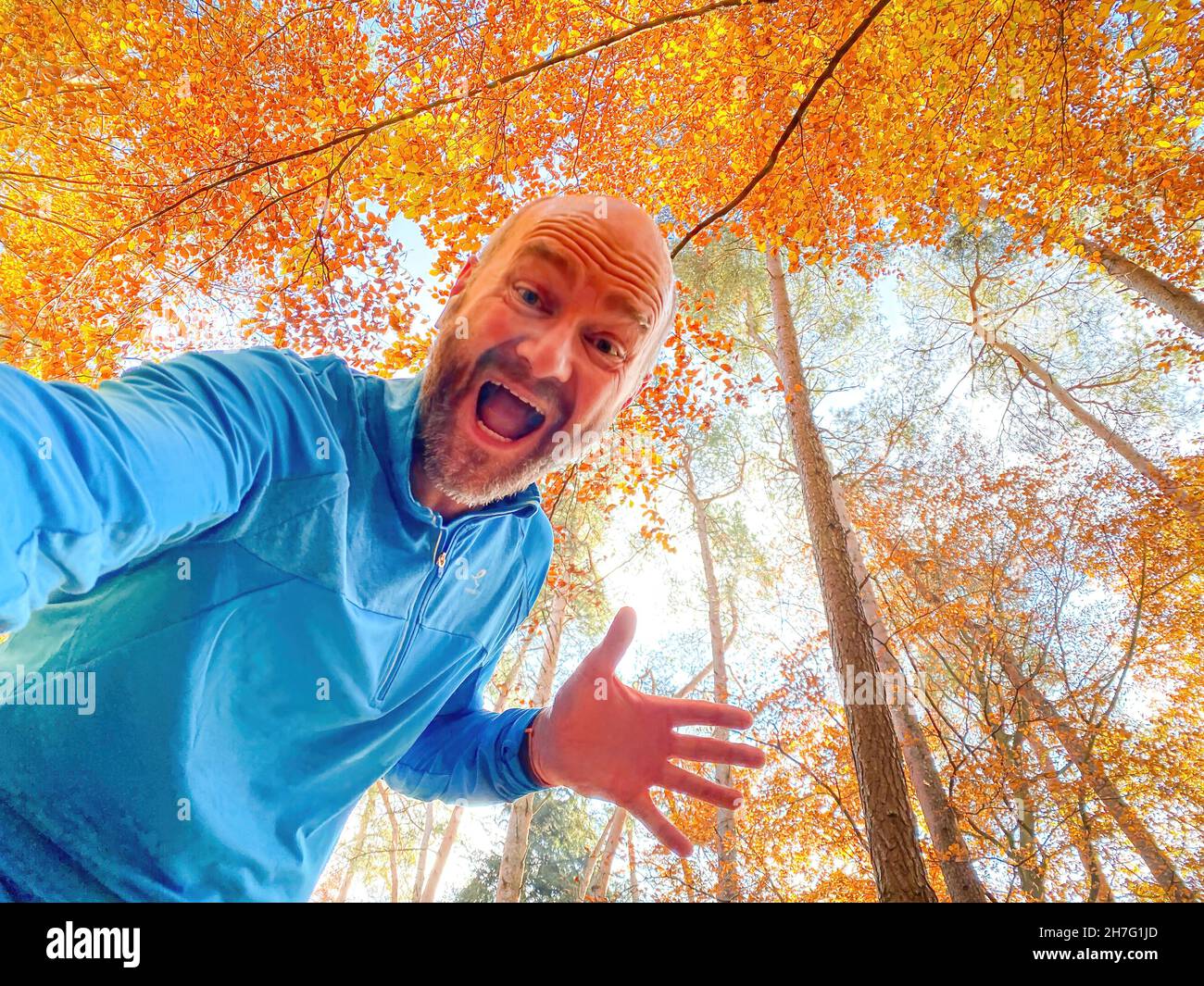 Running at the forest with Autumn Season background Stock Photo - Alamy