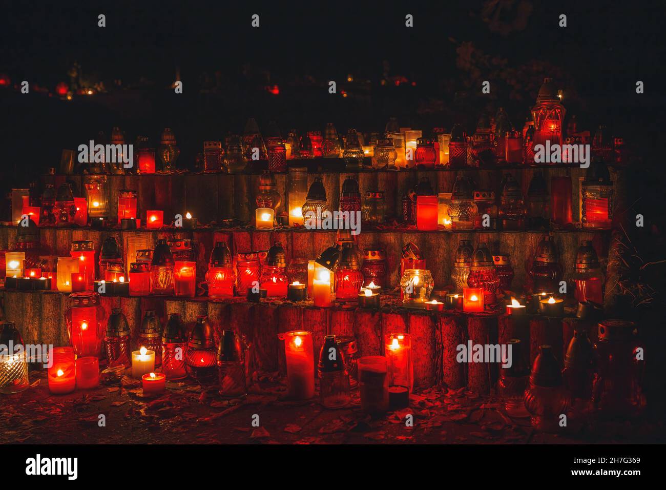 Candles in the cemetery. 1st November. Feast of All Saints. Hallowmas ...