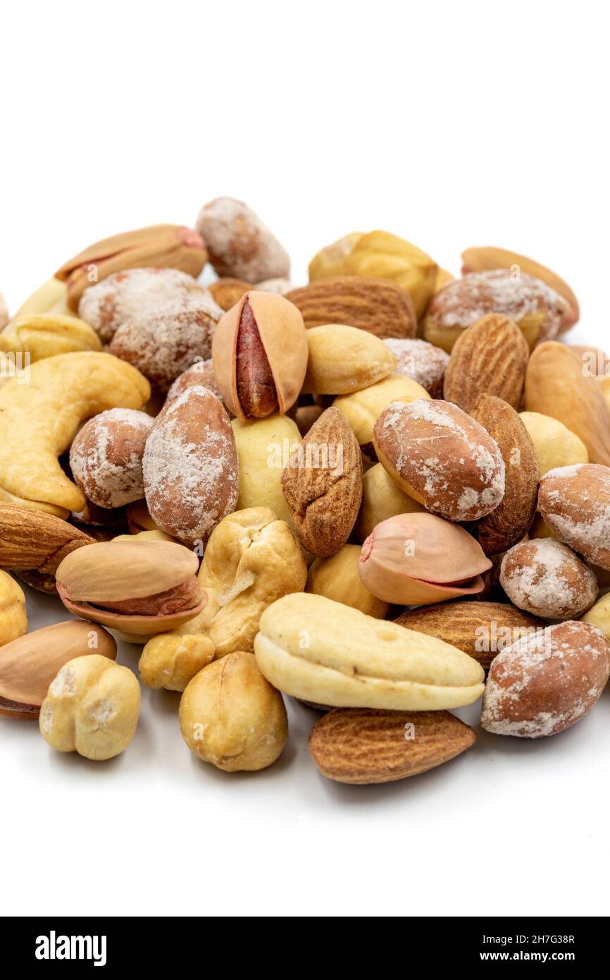 Mixed nuts isolated on white background. Snack fresh nuts. close up ...