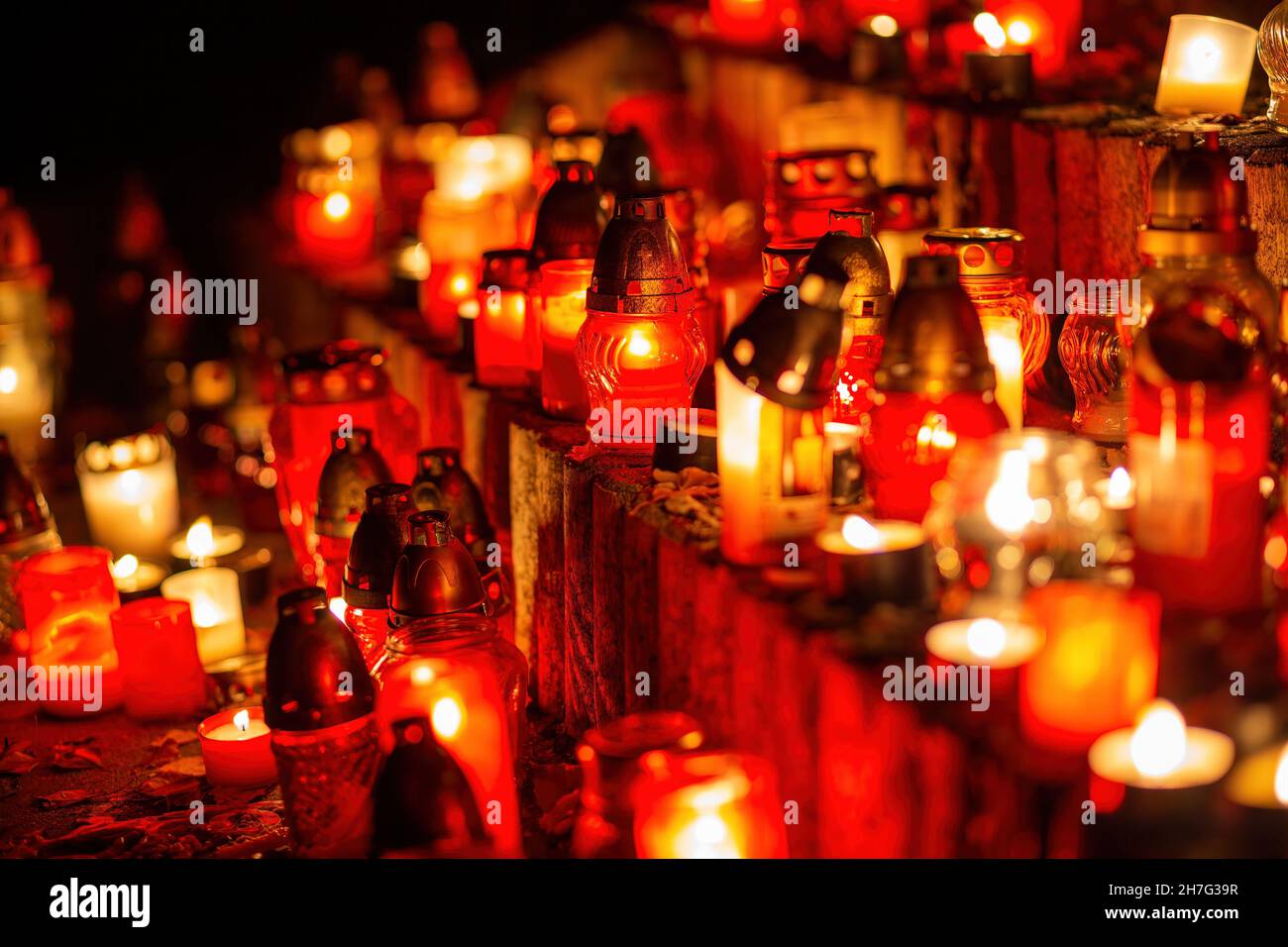 Candles in the cemetery. 1st November. Feast of All Saints. Hallowmas ...