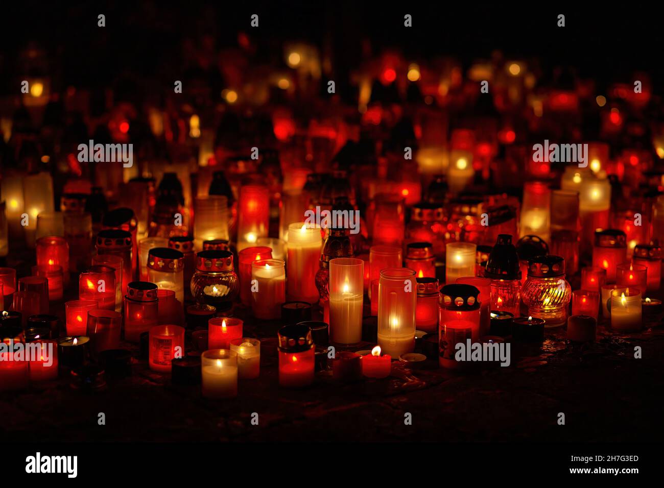 Candles in the cemetery. 1st November. Feast of All Saints. Hallowmas ...