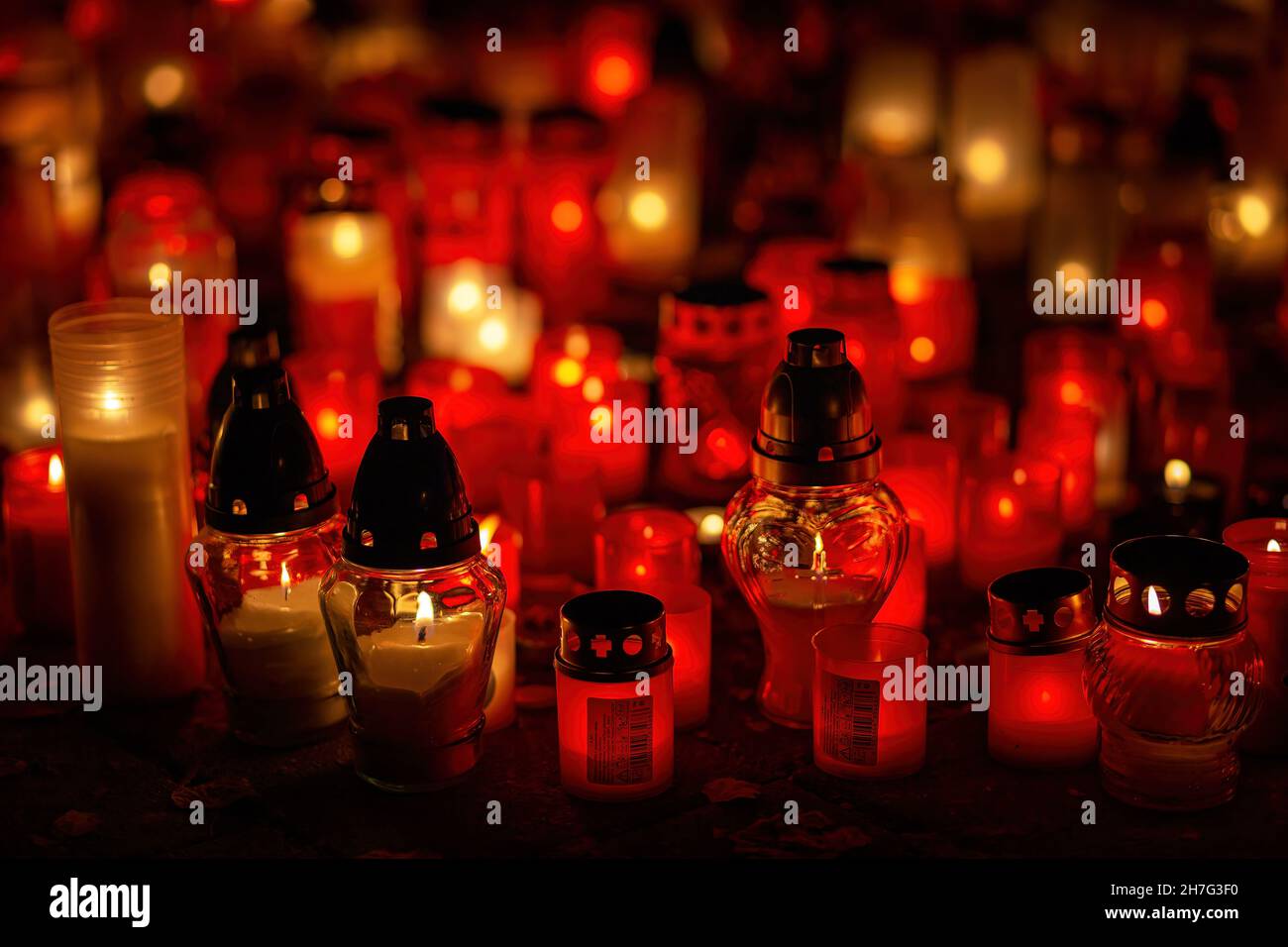 Candles in the cemetery. 1st November. Feast of All Saints. Hallowmas ...