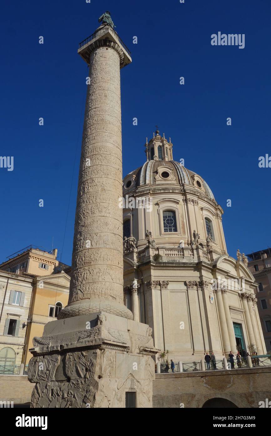 Low angle shot of Trajan's Column, a Roman triumphal column in Rome ...