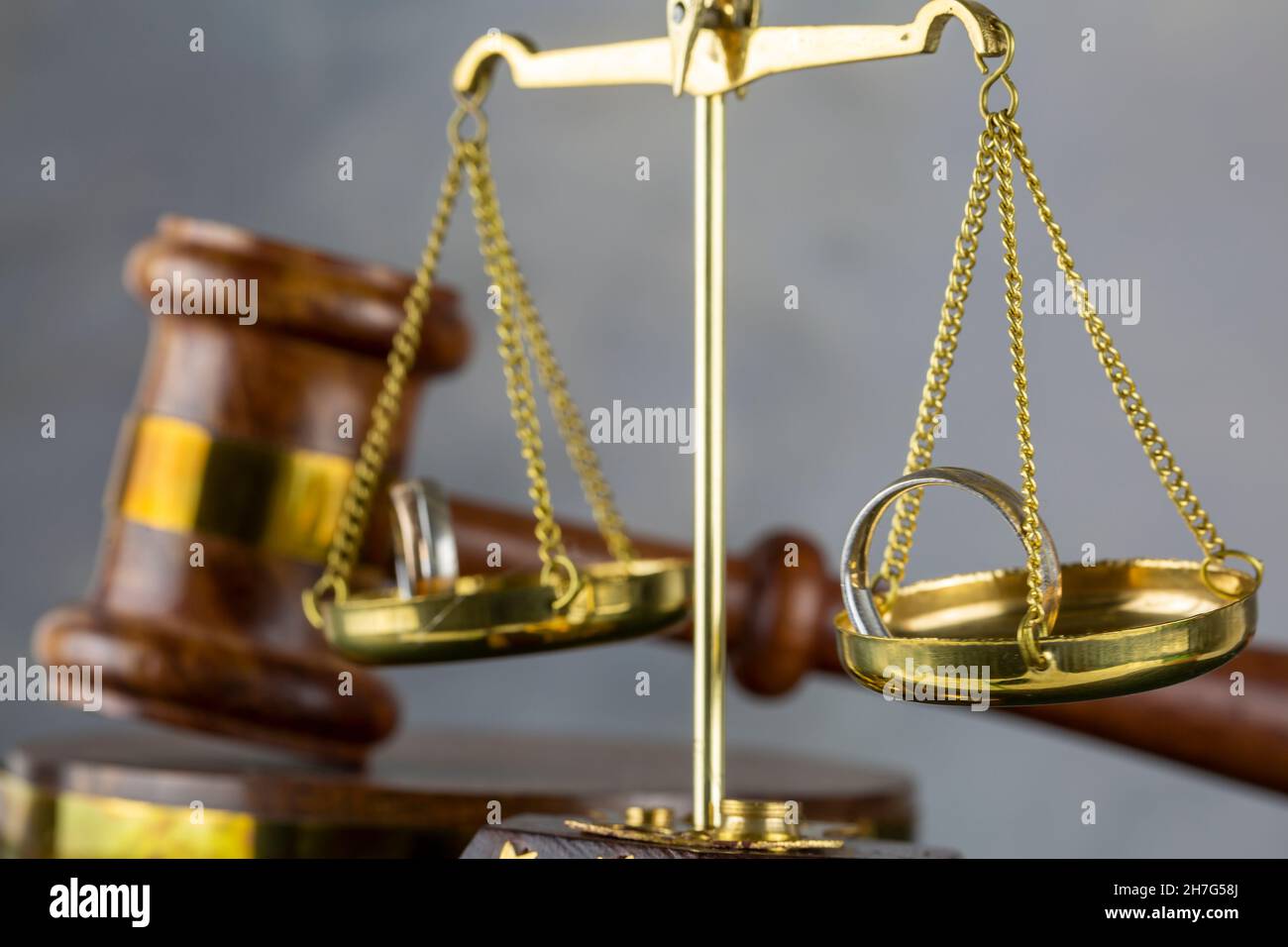 Divorce Concept, Judge's gavel with justice scales and rings Stock ...