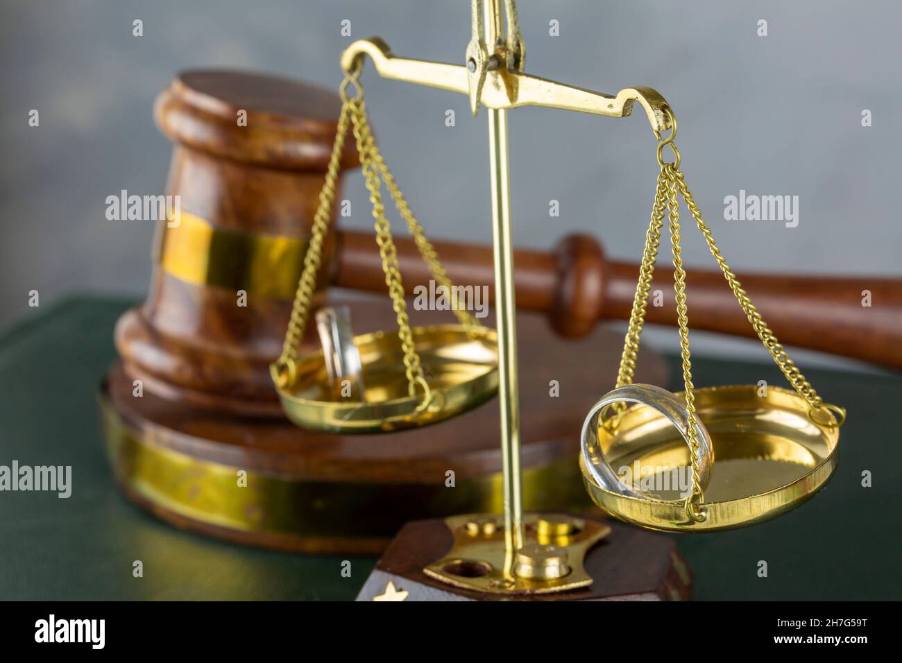 Divorce Concept, Judge's gavel with justice scales and rings Stock ...
