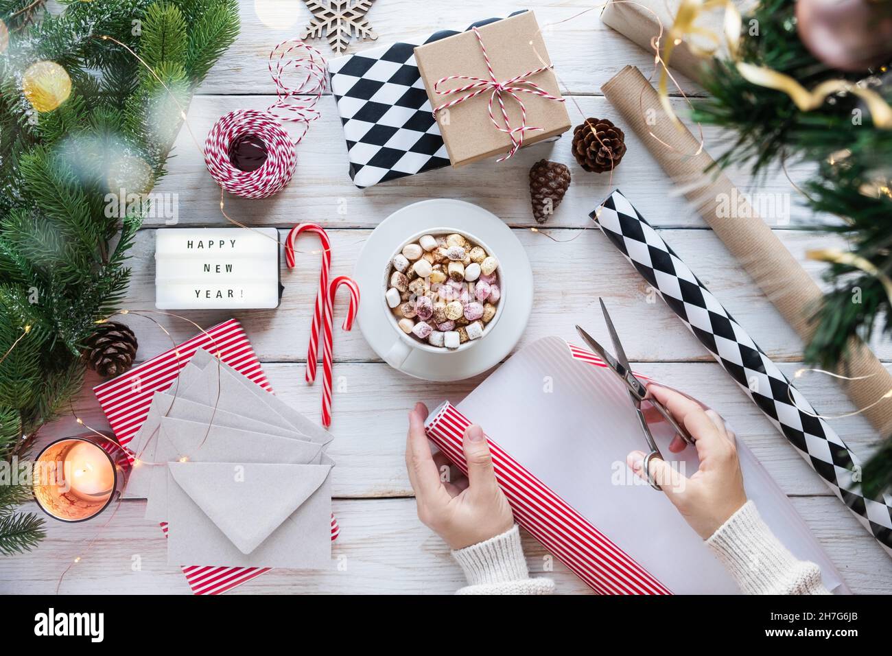 Getting ready for Christmas or New Year holiday. Flat-lay of ...