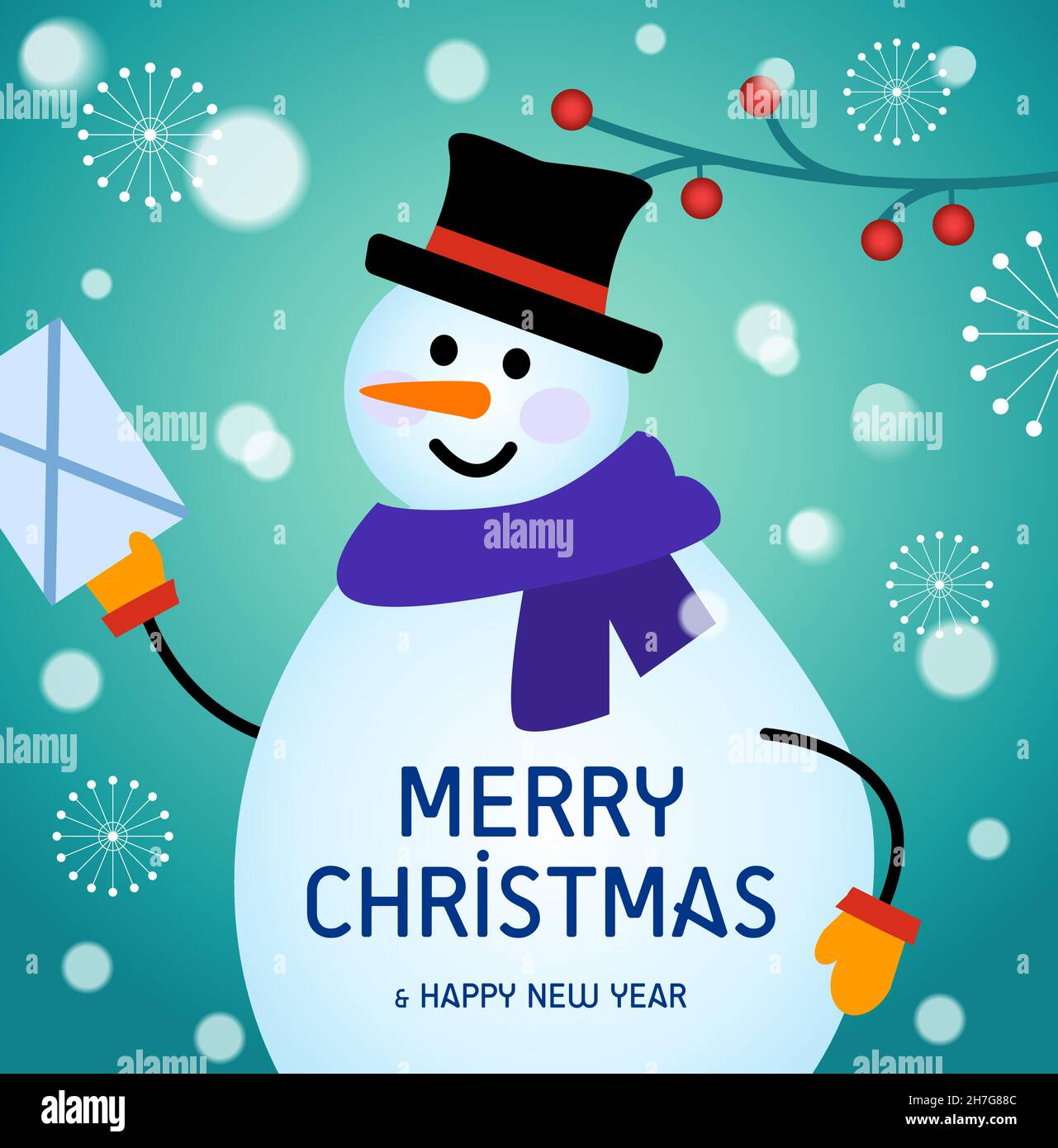 Christmas Cute Cheerful Snowman Postman in a hat. Postman with a letter ...