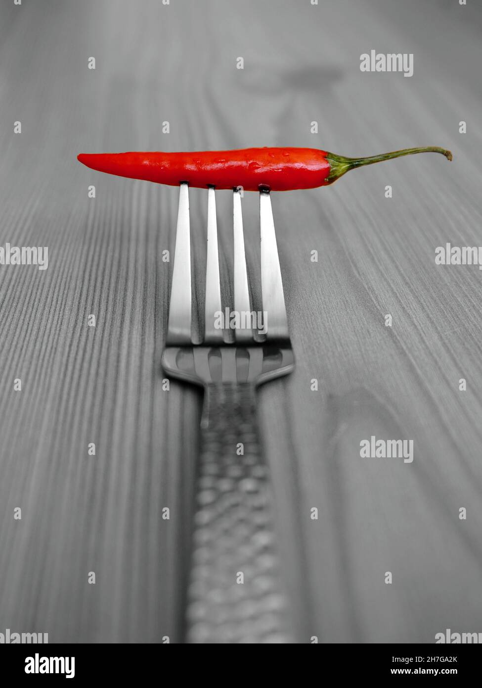 Selective color photograph of red hot chilli pepper stuck on a fork ...