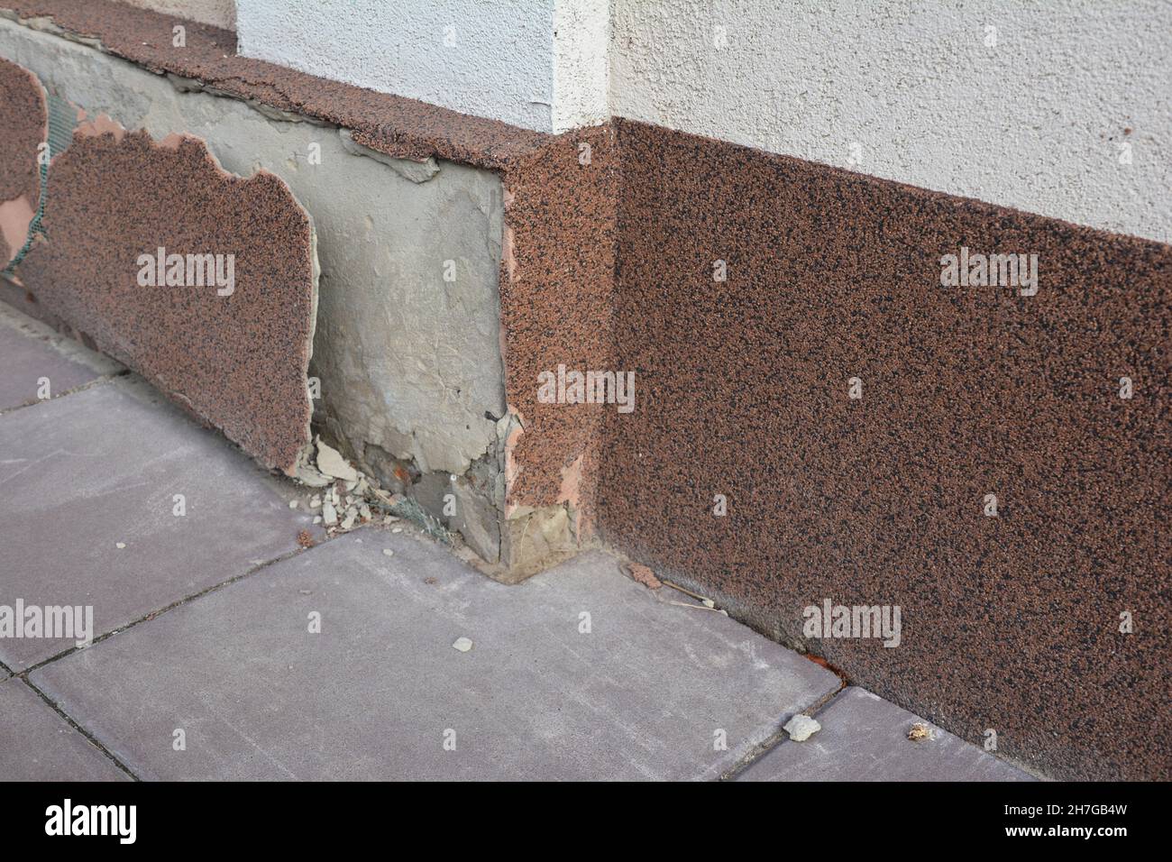 A damaged stucco foundation, basement because of bad waterproofing and ...