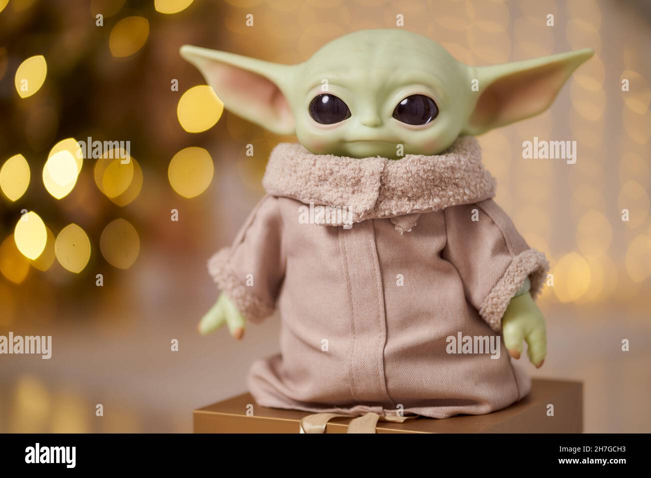 November, 2021: Baby Yoda, an action figures of Mandalorian with christmas decoration interior ...