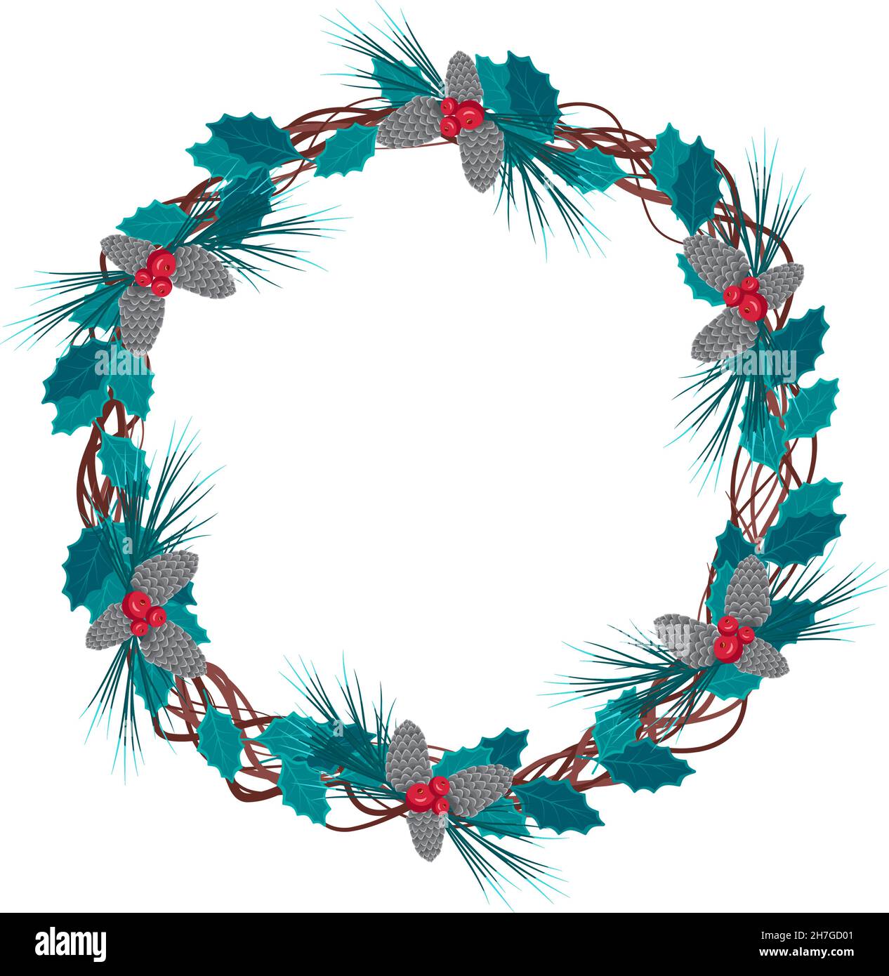 Round Christmas frame of fir and pine branches, blue long coniferous ...