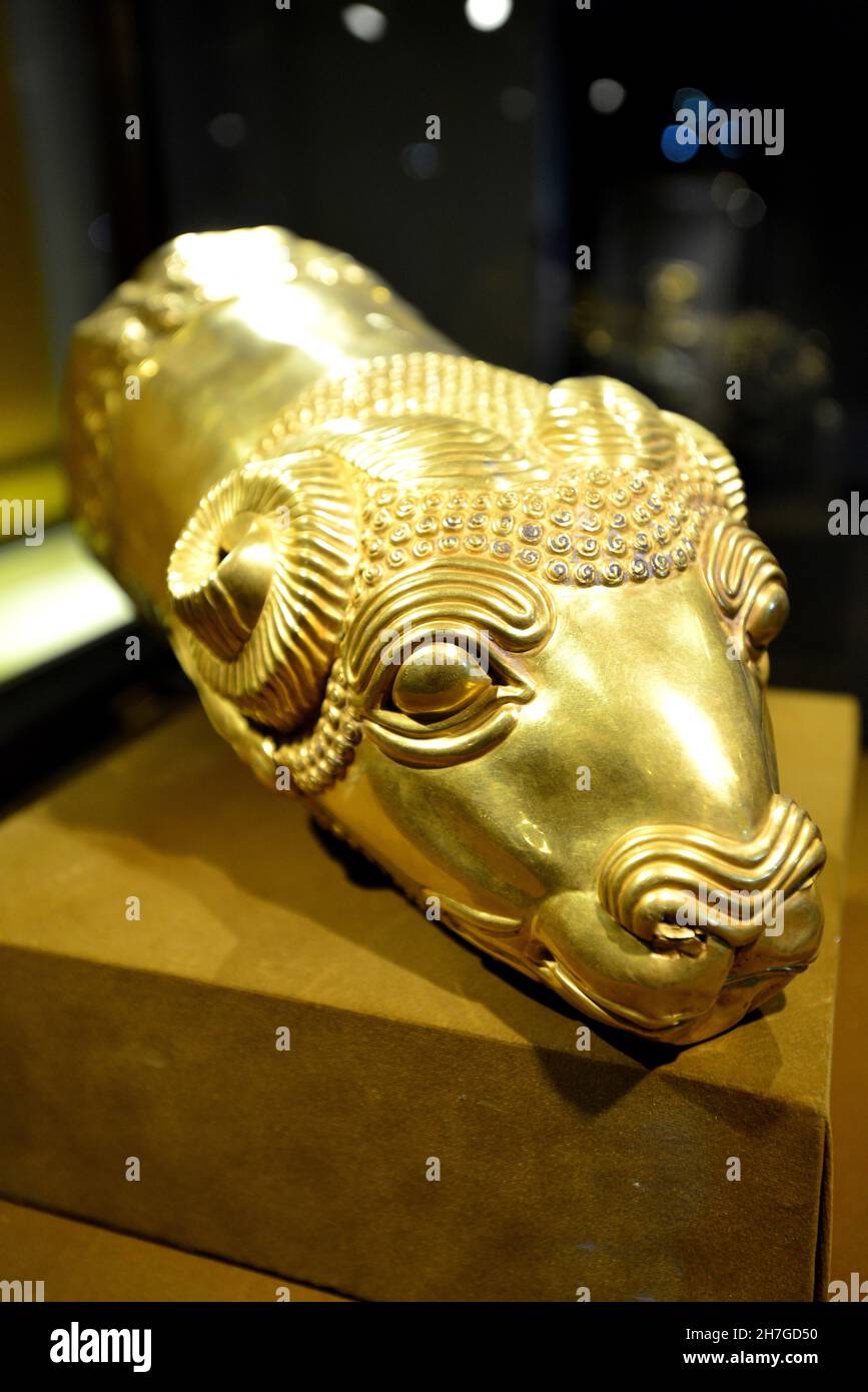 IRAN. TEHERAN. GOLDEN SHEEP HEAD SHOWN AT THE ARCHEOLOGICAL MUSUEM OF ...