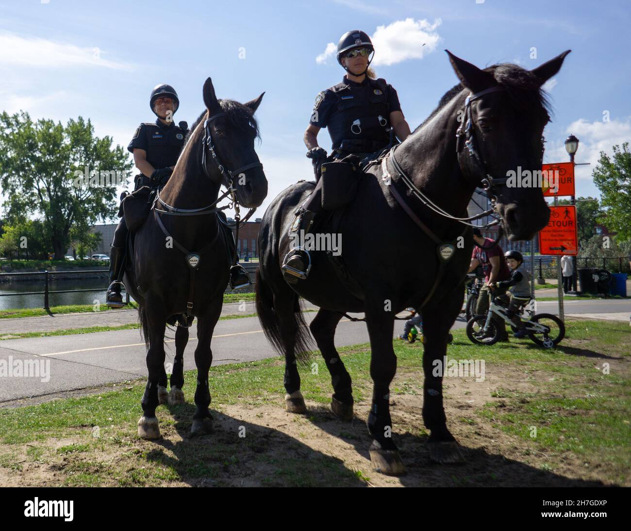 MONTREAL, CANADA - Sep 25, 2021: The Old Port police officers on horses ...