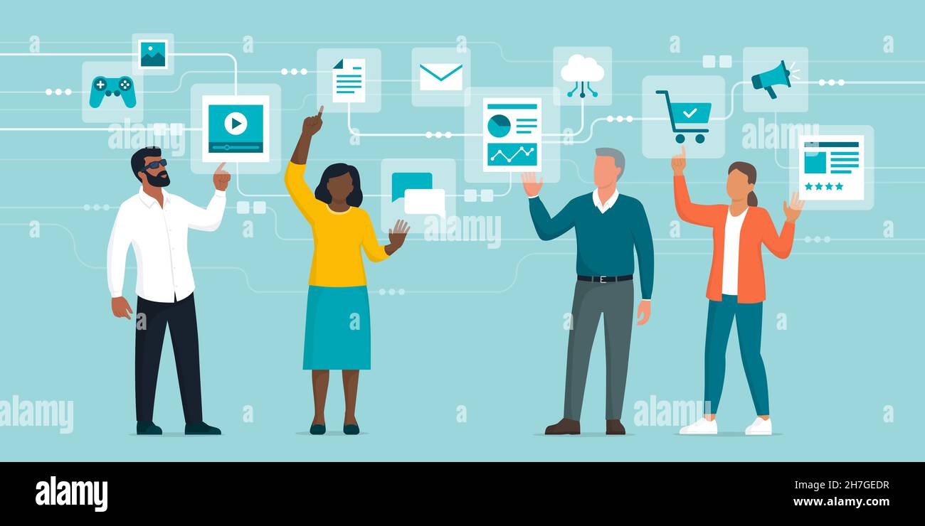 Connected people interacting with virtual reality interfaces, online services and social media ...