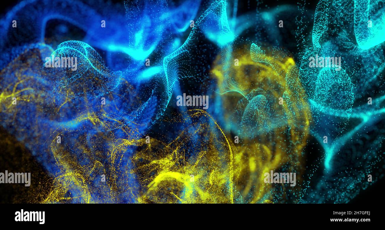 Image of glowing blue and yellow particle forms moving on black ...