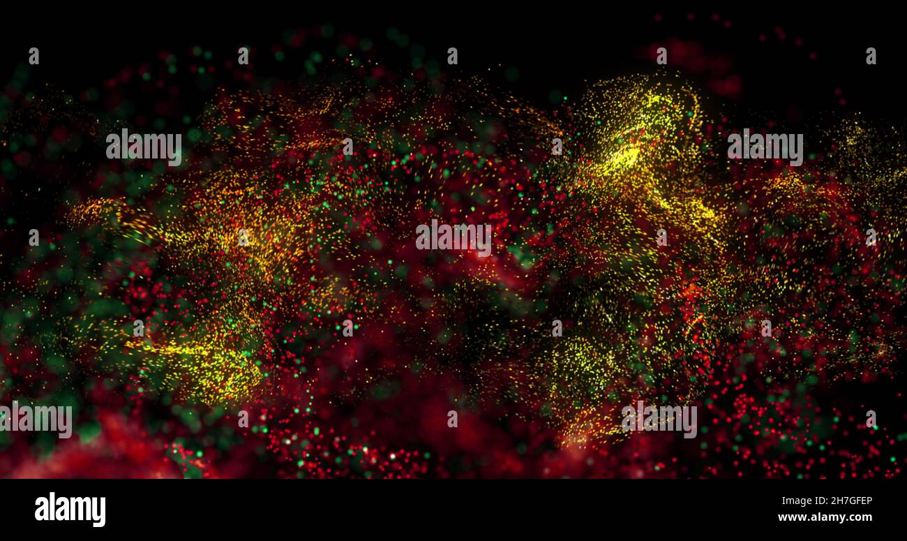 Image of red, yellow and blue particle cloud moving on black background ...