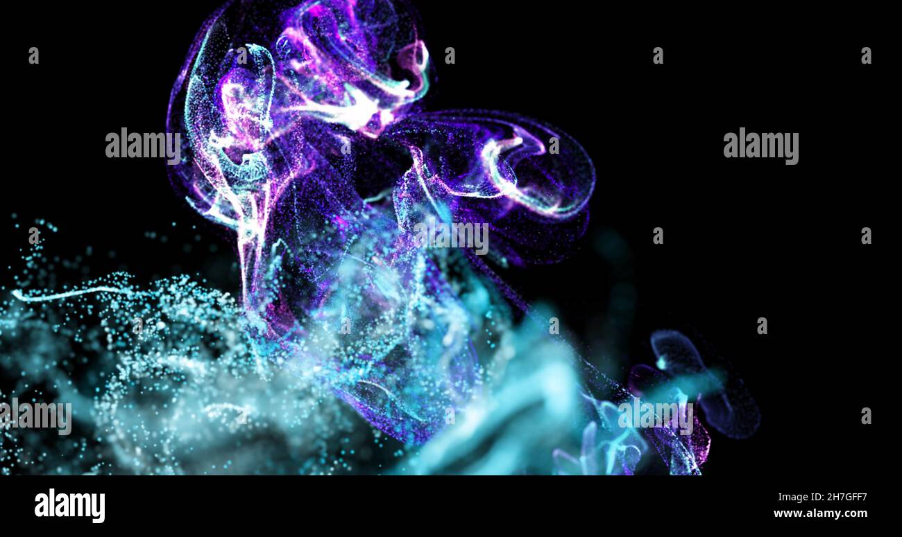 Image of purple and blue particle clouds moving on black background ...