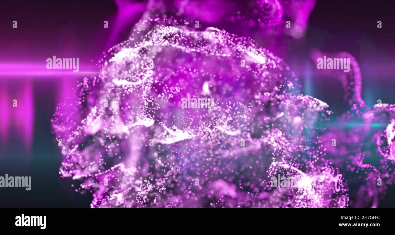 Image of glowing pink particles and lights moving on black background ...