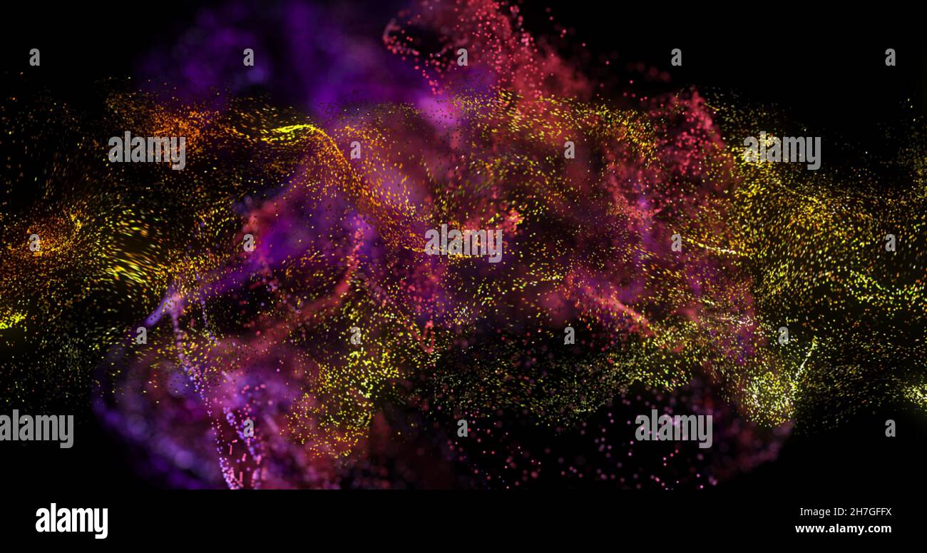 Image of pink and yellow particle clouds moving on black background ...