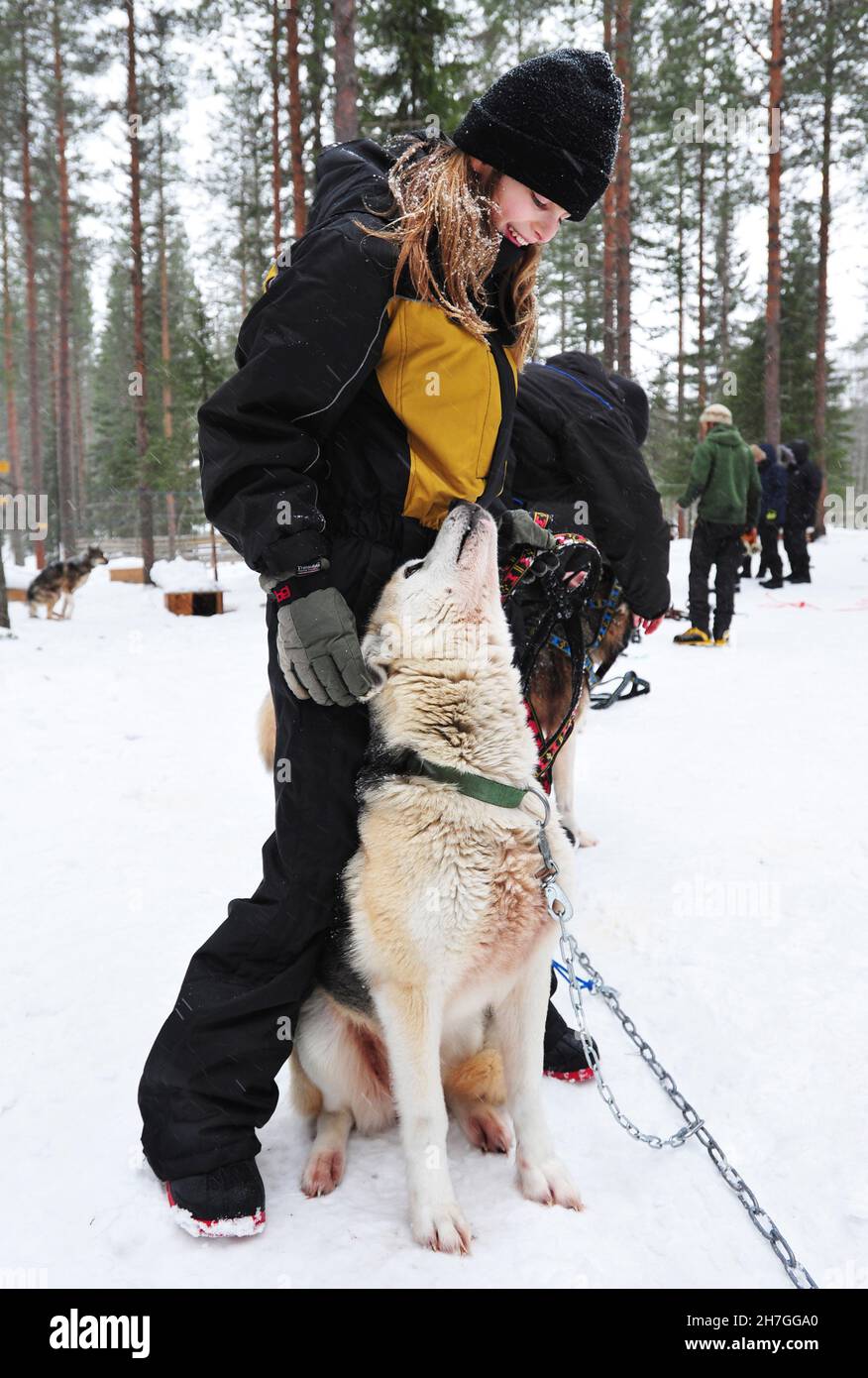 SCANDINAVIA. FINLAND IN WINTER. HOSSA NATIONAL PARK. YOUNG GIRL ...