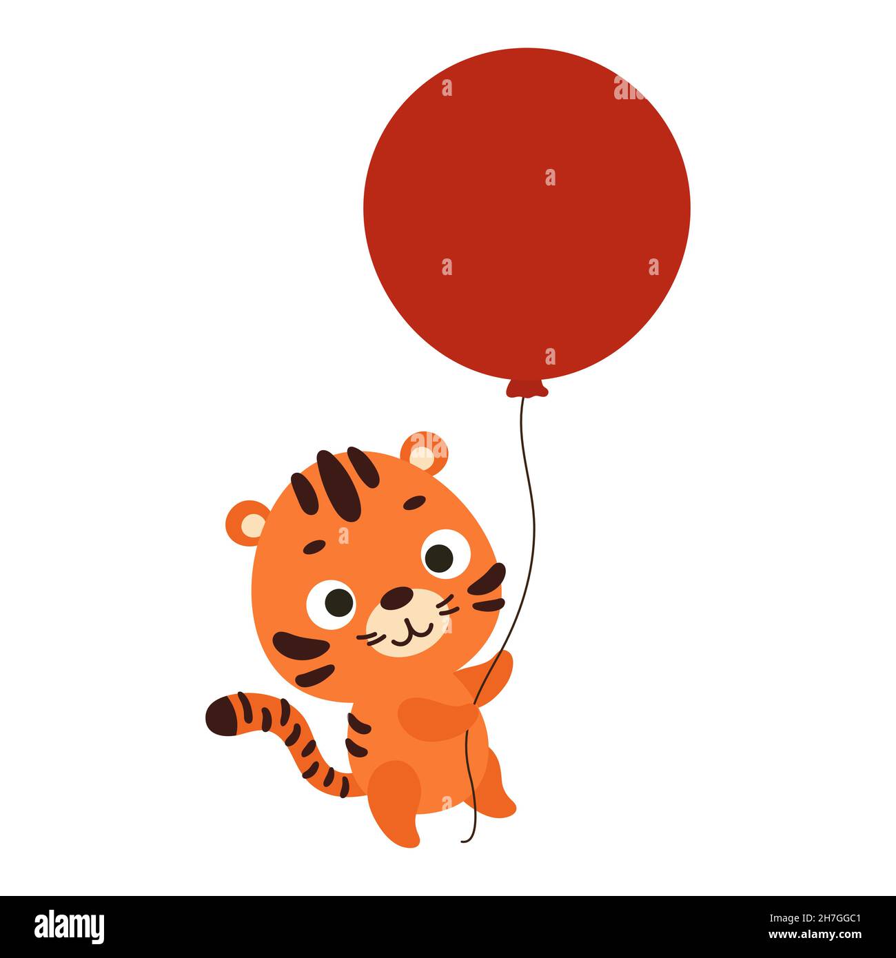 Cute little tiger flying on red balloon. Cartoon animal character for ...