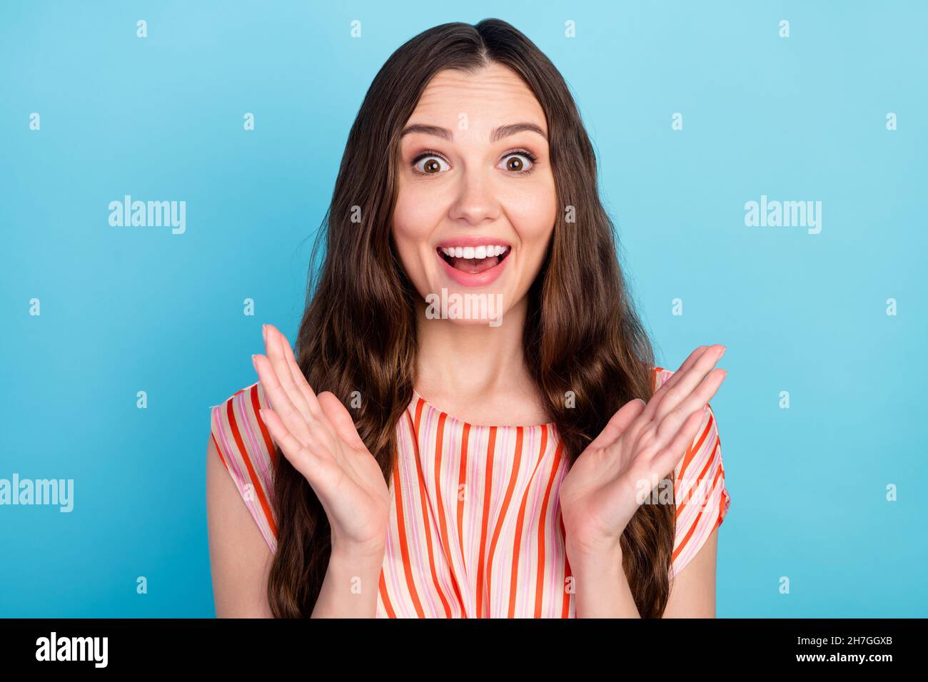 Photo Of Funky Amazed Lady Raise Palms Open Mouth Wow Sale Reaction