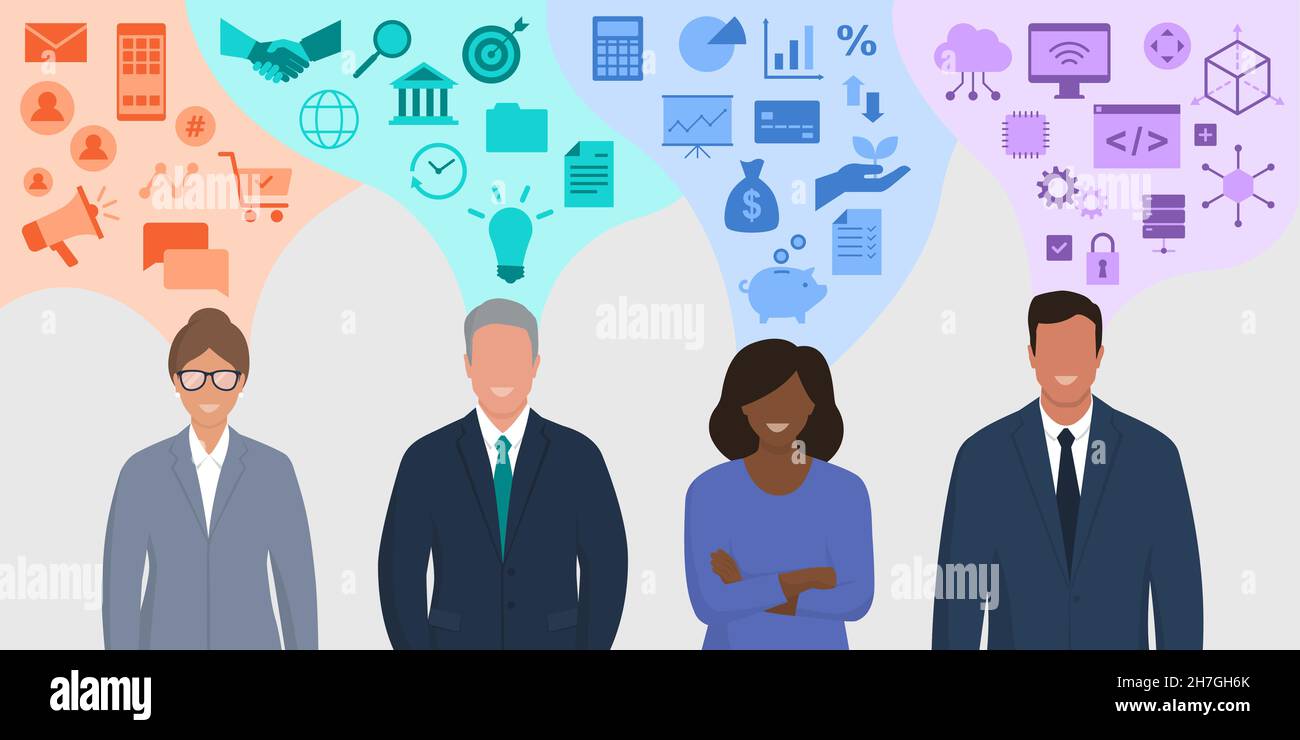 Confident business people working together and their individual skills ...