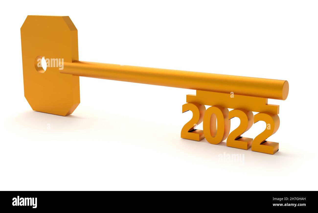 Concept key with new year 2022 isolated on white. 3d rendering Stock ...
