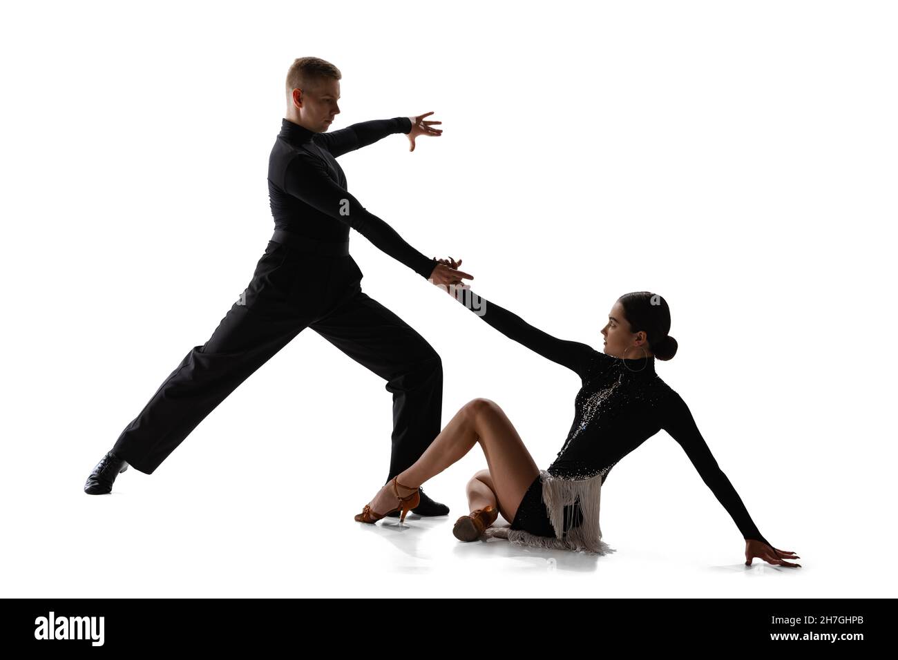 Dynamic portrait of young graceful dancers, flexible man and woman ...