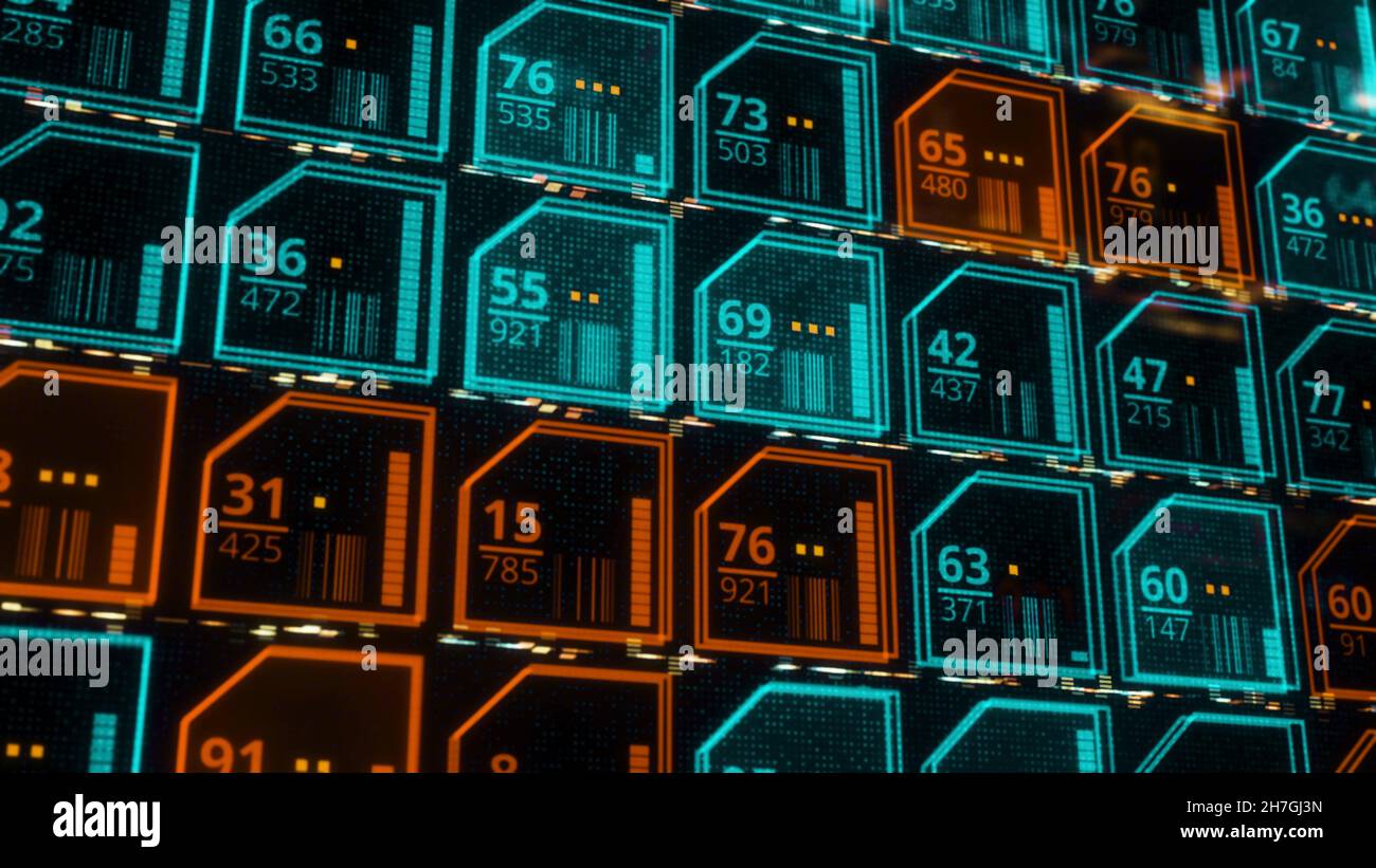 Abstract animation of colorful digital folders with flickering digits ...