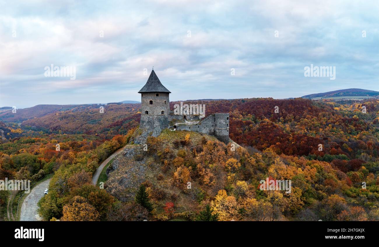 Aerial view of the famous Castle of Somosko. Slovakian name is Šomoška ...